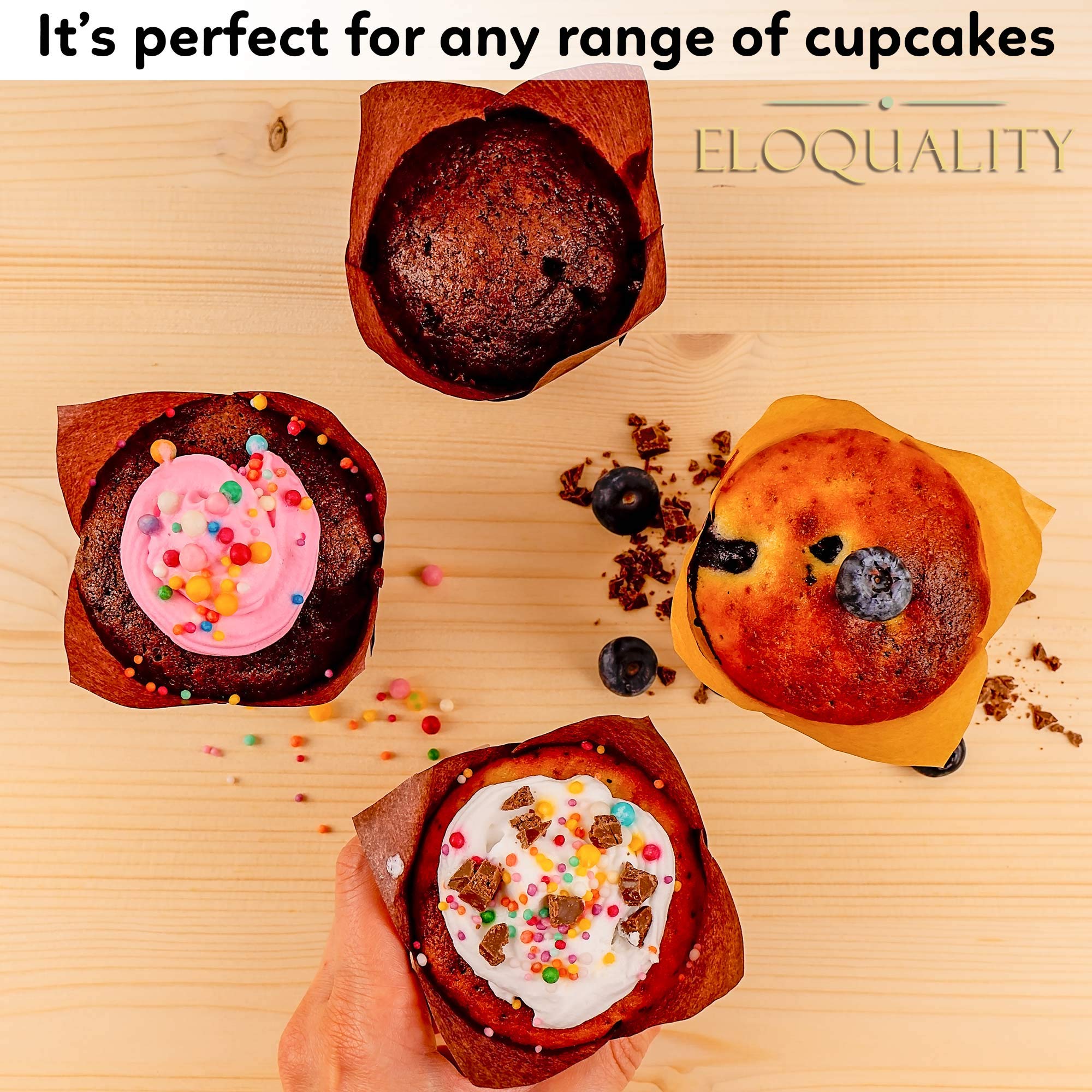 Baking Cups Cupcake Wrappers Set - 250 Pcs Brown Greaseproof Tulip Paper Cake Tin Liners and Natural Color Tulip Baking Parchment Papers for Muffins Cupcakes Mini Snacks Wedding Birthday Party