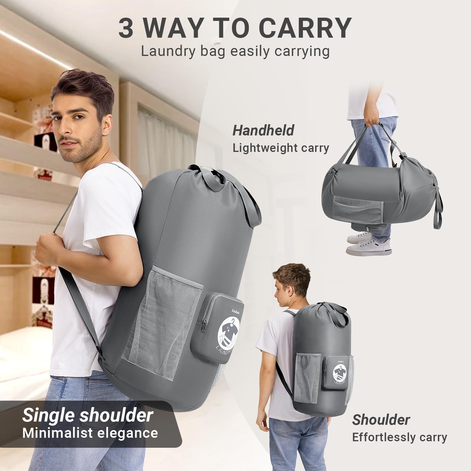 Aisbei 100L Foldable Laundry Bag Backpack with Chest Straps-Large Travel Laundry Bag for Dirty Clothes-Laundry Hamper Bag for College Apartment Laundromat Dorm Room Camping Essentials(Grey)
