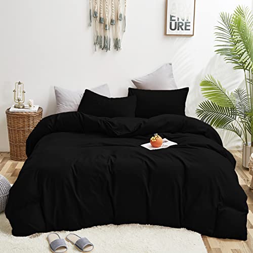 Cottonight Black Comforter Set Full Men Boys Black Bedding Comforter Set Modern Dark Color Soft Quilts Blanket Modern Simple Gothic 3 Piece Plain Black Comforter for Women Men Full Bed