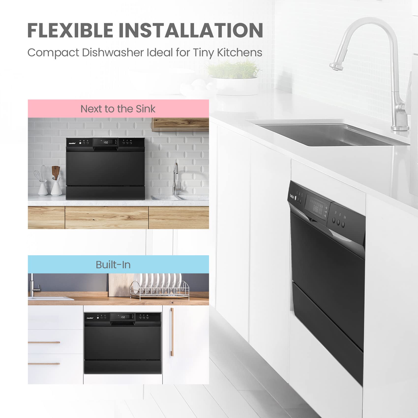 COMFEE’ Countertop Dishwasher, Energy Star Portable Dishwasher, 6 Place Settings, Mini Dishwasher with 8 Washing Programs