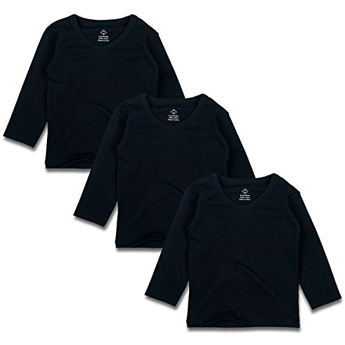 OPAWO Unisex Infant Baby Cotton V-Neck T-Shirts Long Sleeve Blank Tees Shirts 3 Pack for Boys Girls 6-24 Months(Black,18-24 Months)
