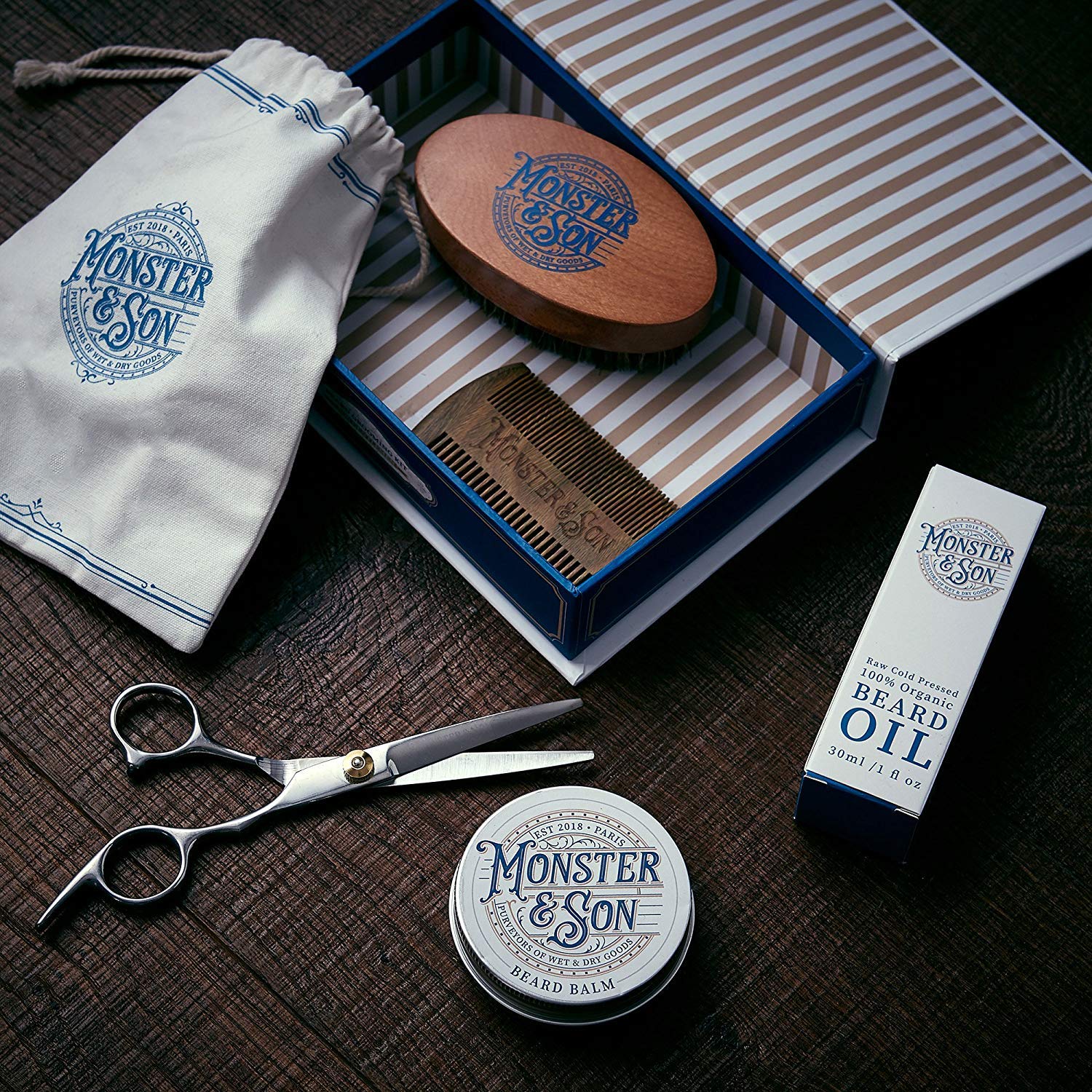 Monster&Son Premium 7-Item Organic Beard Kit - Beard Oil, Beard Balm, Beard Brush, Beard Comb, Scissors, Canvas Travel Bag - Male Grooming Kit in Gift Box - Great Mens Birthday Gift - Father's Day