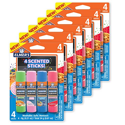 Elmer’s Scented Clear Glue Sticks, Safe and Nontoxic, Assorted Dessert Scents, 24 Count & Disappearing Purple School Glue, Washable, 12 Pack