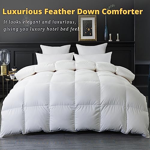 ELNIDO QUEEN Feather Down Comforter Queen Size - White Down Duvet Insert - Luxurious Fluffy Hotel Style Bedding Comforter - 100% Cotton Cover All Season Medium Warmth - Queen Size (90x90 Inch)