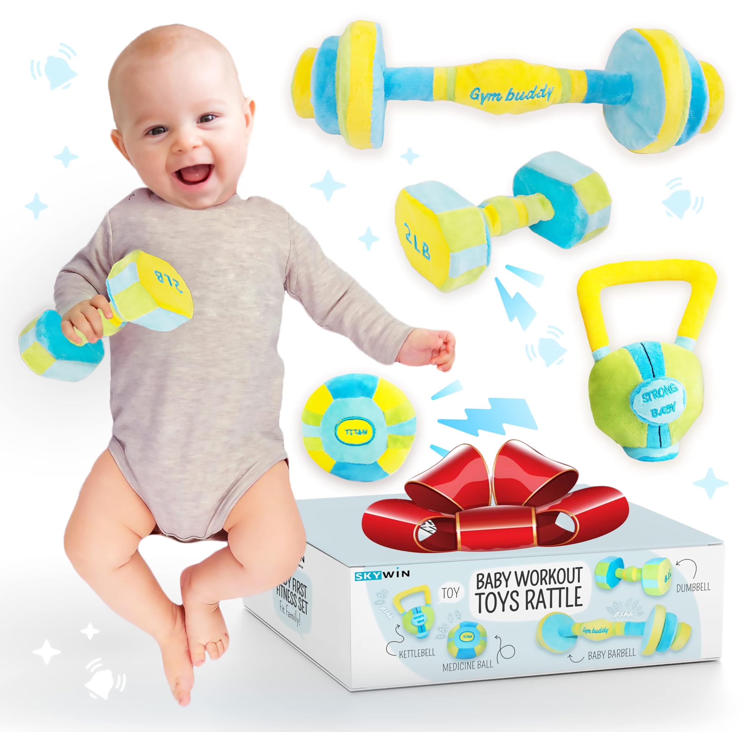 Skywin Baby Workout Toys Fit Training - Baby Shower Set of 4 Soft, Durable and Safe Plush Baby Rattle Toys for Ages 0+
