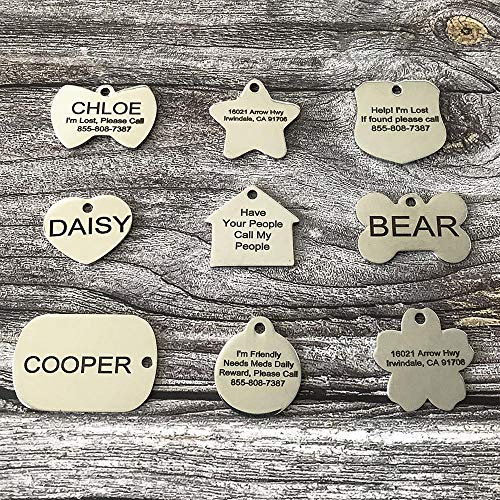 Stainless Steel Pet ID Tags - Engraved Personalized Dog Tags, Cat Tags Front & Back up to 8 Lines of Text β Bone, Round, Heart, Flower, Badge, House, Star, Rectangle, Bow Tie