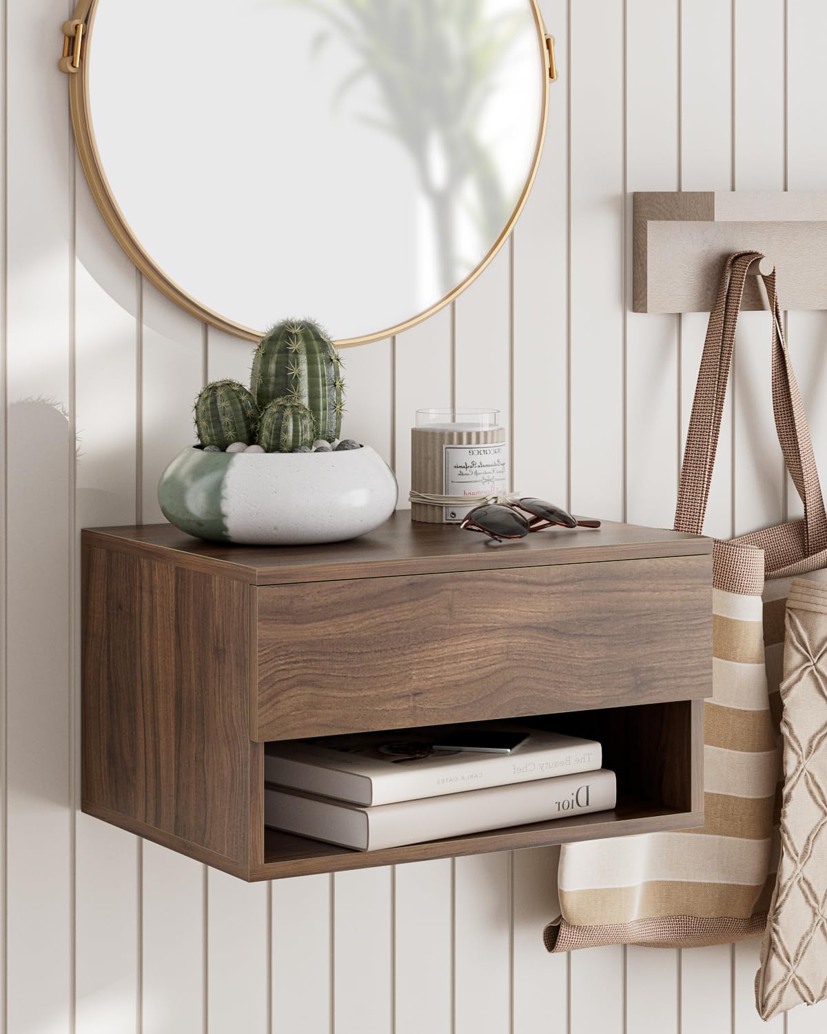 Aobafuir Floating Nightstand, Small Modern Floating Nightstand with Drawer, Floating Shelves for Bedroom, Bathroom (Brown Walnut)