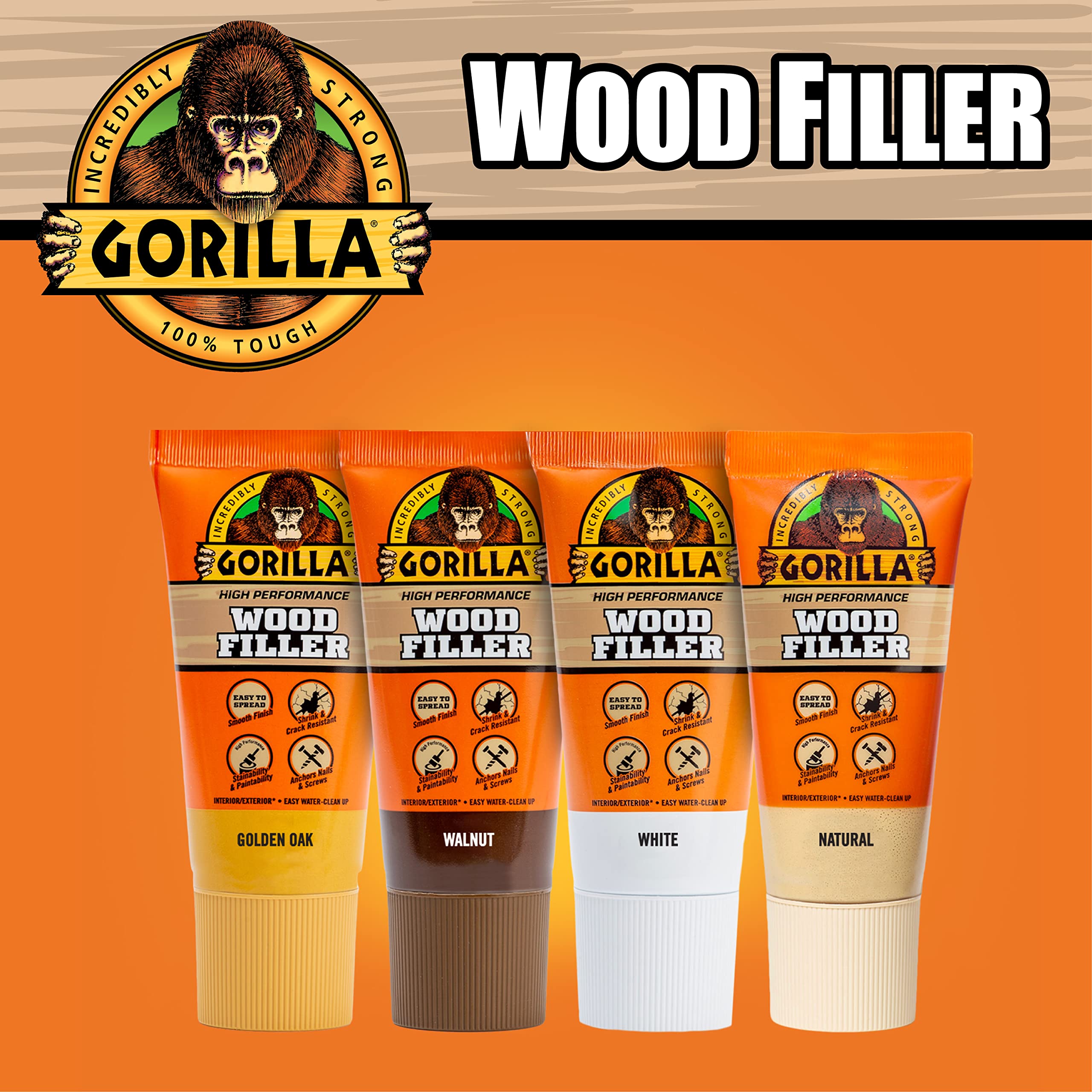 Gorilla All Purpose Wood Filler, 6oz Tube, Walnut (Pack of 1)