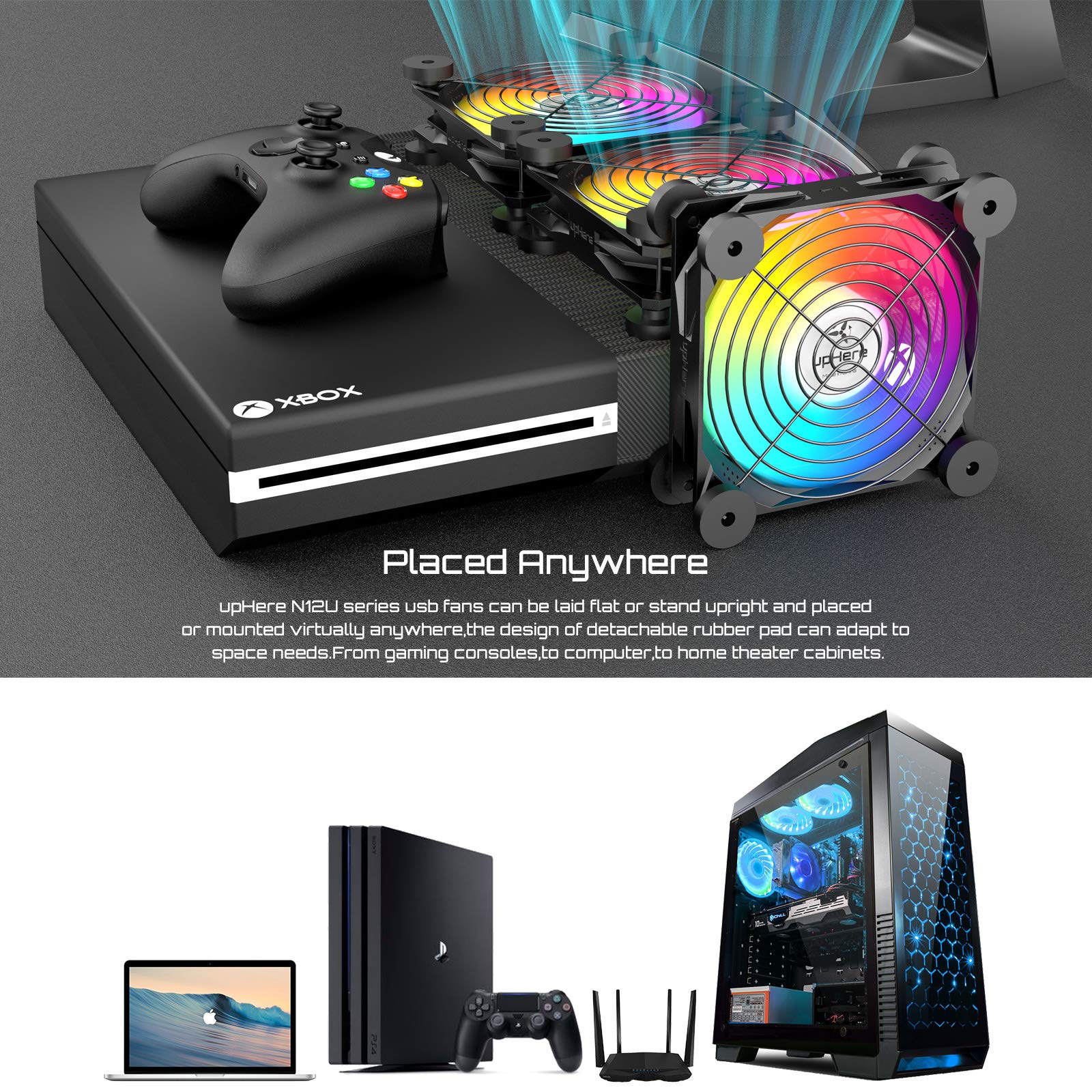 upHere N12U06 USB Fan,Dynamic Rainbow LED,Silent 120mm Fan for Computer Cases Computer Cabinet PlayStation Xbox Cooling