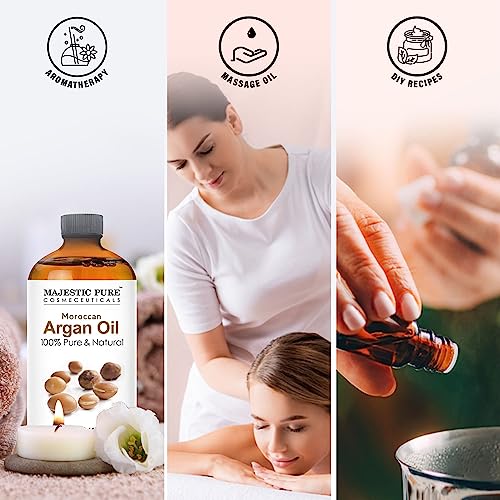 Majestic Pure Moroccan Argan Essential Oil | 100% Pure and Natural Argan Oil | Premium Grade Essential Oils for Hair Care, Home Diffusers, Skin, Aromatherapy, Massage and Humidifiers | 4 Fl Oz