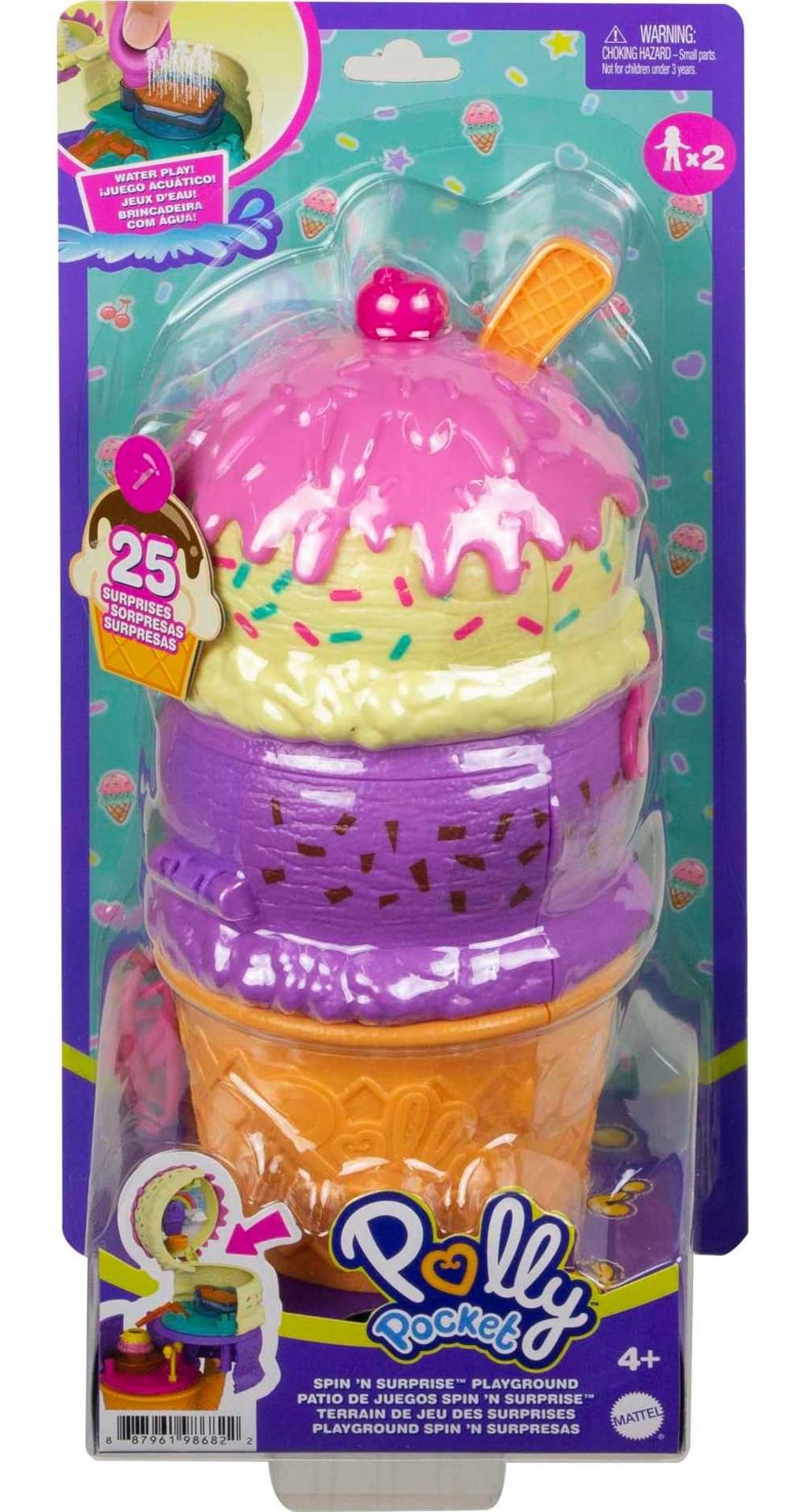Polly Pocket Dolls and Accessories, Ice Cream Cone-Shaped Playground with 3 Floors and 2 Micro Dolls, Spin ‘n Surprise Compact