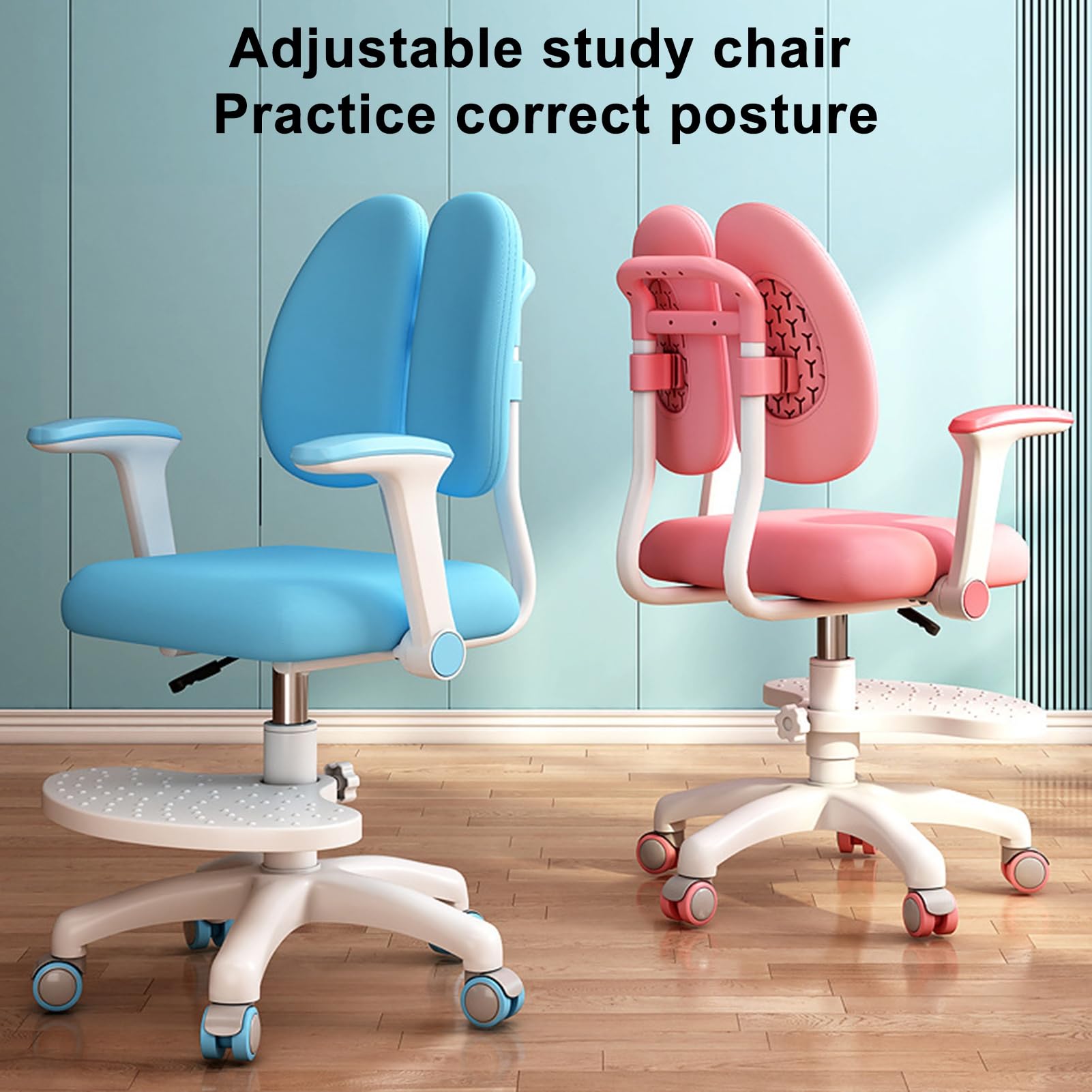 Upgraded Kids Desk Chair,Ergonomic Children Study Computer Chair Adjustable,Dual Back Support & Turnover Armrests Design,360 Degree Wheel Cute Children Study Chair for Home School Library Blue
