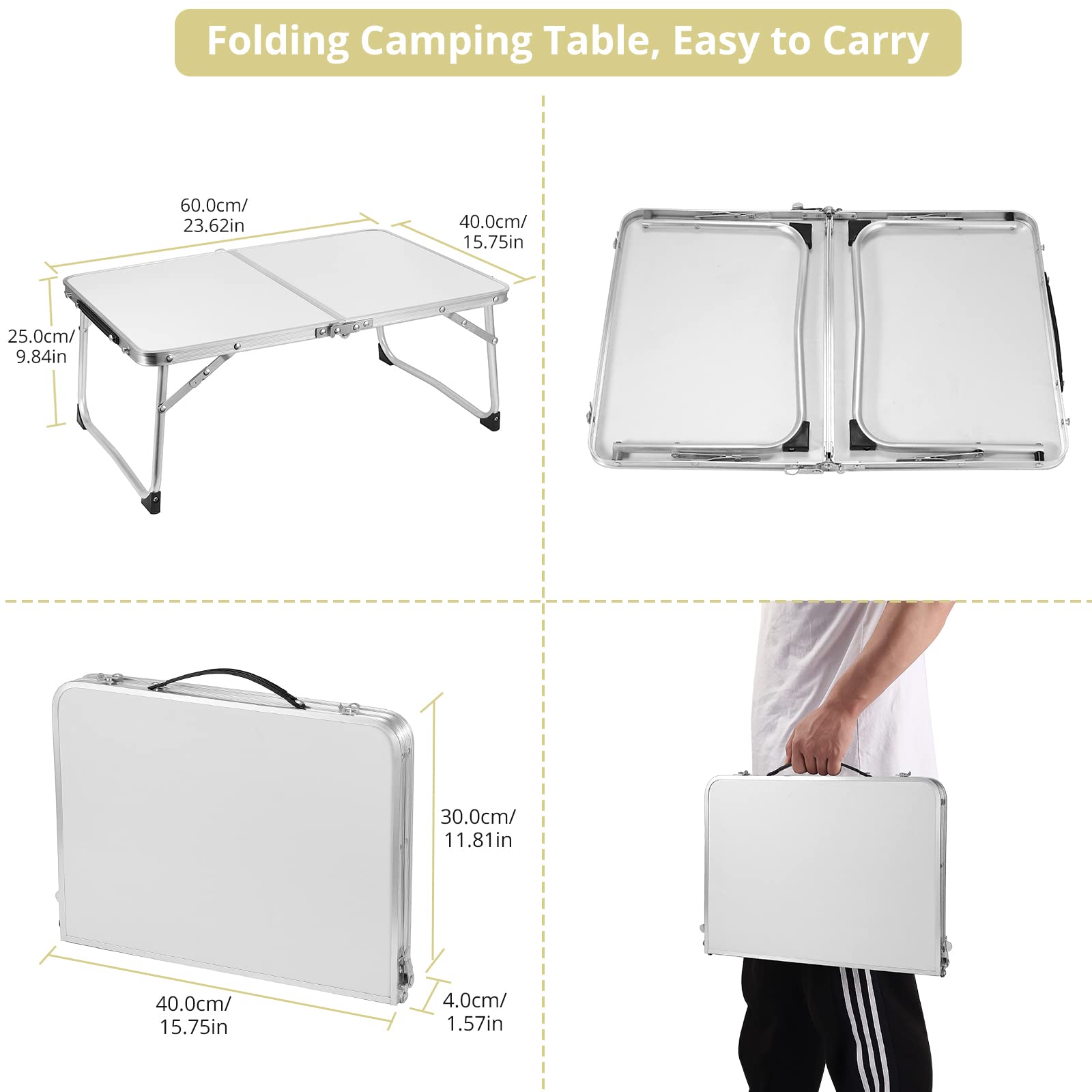 Anbte 24''x16''Small Folding Table, Aluminum Alloy Lightweight Folding Table with Carry Handle, Waterproof, Mini Camping Table for Backpacking Camping Hiking Beach Picnic, White