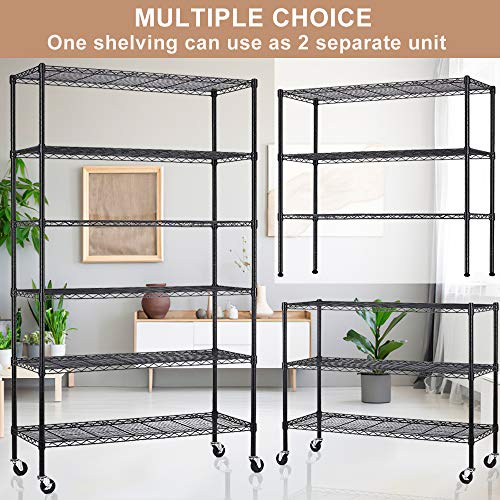 BLKMTY Metal Shelf 6 Tier Metal Storage Shelf Heavy Duty Wire Rack Shelves Wire Shelving Unit with Wheels Standing Shelf Units Height Adjustable Utility Commercial Grade Garage Shelves, Black