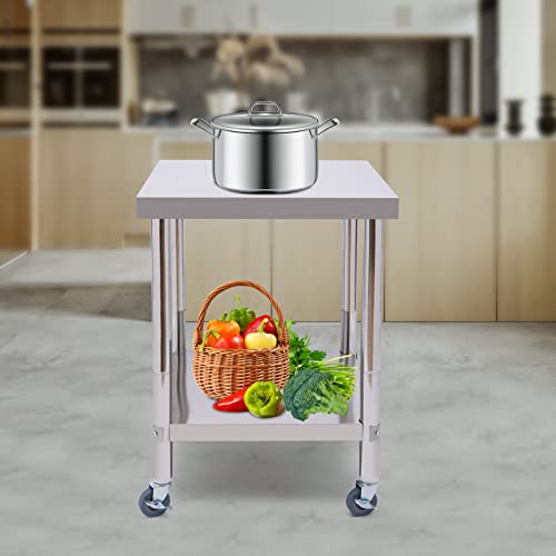 Fichiouy Rolling Stainless Steel Workstation Food Prep Worktable with Undershelf, Stable Heavy Duty Commercial Table with Wheels Easy Assembly