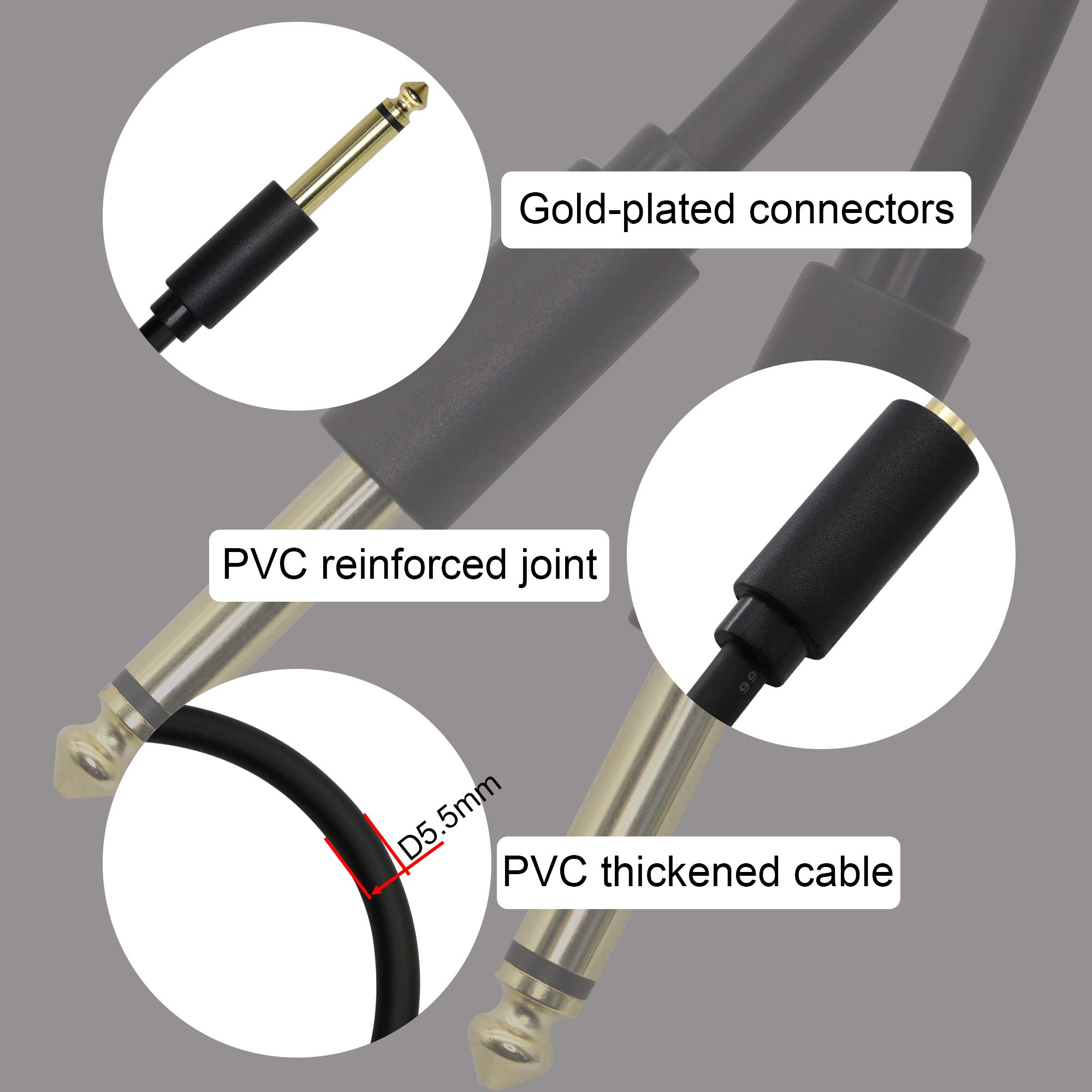 GINTOOYUN 6.35mm Mono Guitar Instrument Cable,Straight 1/4 TS Male to Straght 1/4 TS Male Unbalanced Patch Cords,for Electric Bass Guitar,Amplifier Speaker,Line-Level Audio etc (Black-3m/10ft)