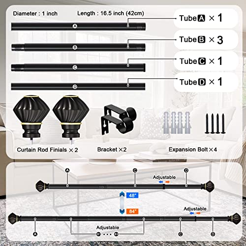 Box Space Curtain Rods for Windows 48 to 84 inches, 1 inch Diameter Adjustable Length Black Curtain Rod for Bedroom Living Room Decorative Curtain Rod Set with Brackets