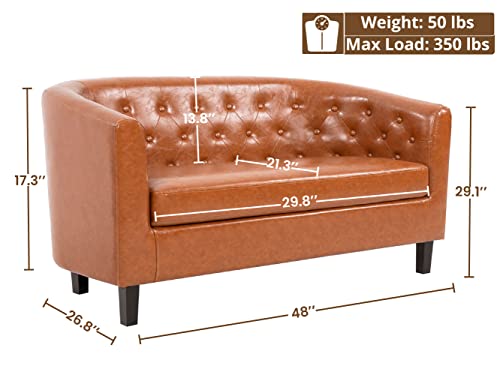 Emma Love Seat, Button Tufted Faux Leather Barrel Loveseat, Midcentury Modern 2 Seater Sofa Couch, Small Loveseat for Small Spaces, Bedrooms, Couches for Living Room, Easy Tool-Free Assembly - Caramel
