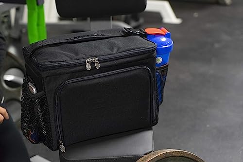 Isolator Fitness 6 Meal ISOCUBE Meal Prep Management Insulated Lunch Bag Cooler with 12 Stackable Meal Prep Containers, 3 ISOBRICKS, and Shoulder Strap - MADE IN USA (Blackout)