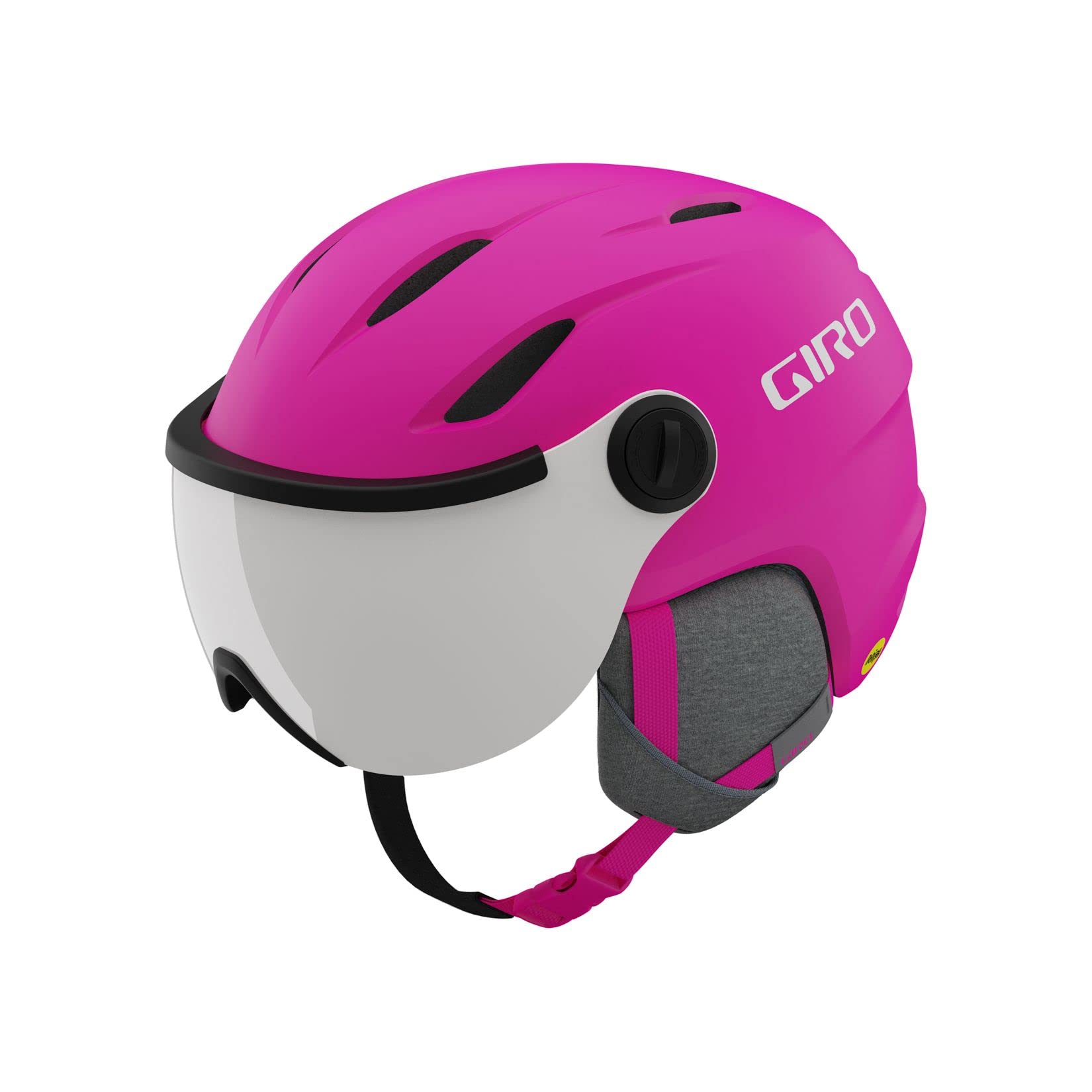 Giro Buzz MIPS Kids Ski Helmet - Snowboard Helmet with Integrated Goggle Shield/Visor - Matte Bright Pink - Size S (52-55.5cm)