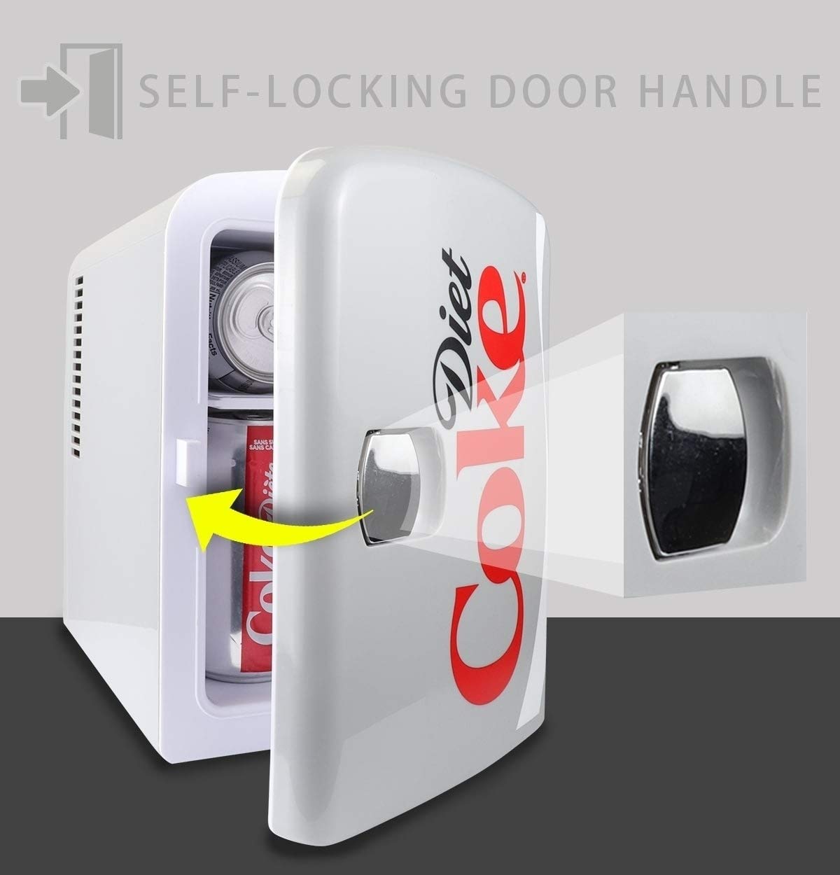 Coca-Cola Diet Coke 4L Mini Fridge Cooler/Warmer 12V DC 110V AC 6 Can Portable Personal Travel Refrigerator for Snacks Drinks Cosmetics Desk Home Office Dorm Gray with Iconic Design & Chrome Accents