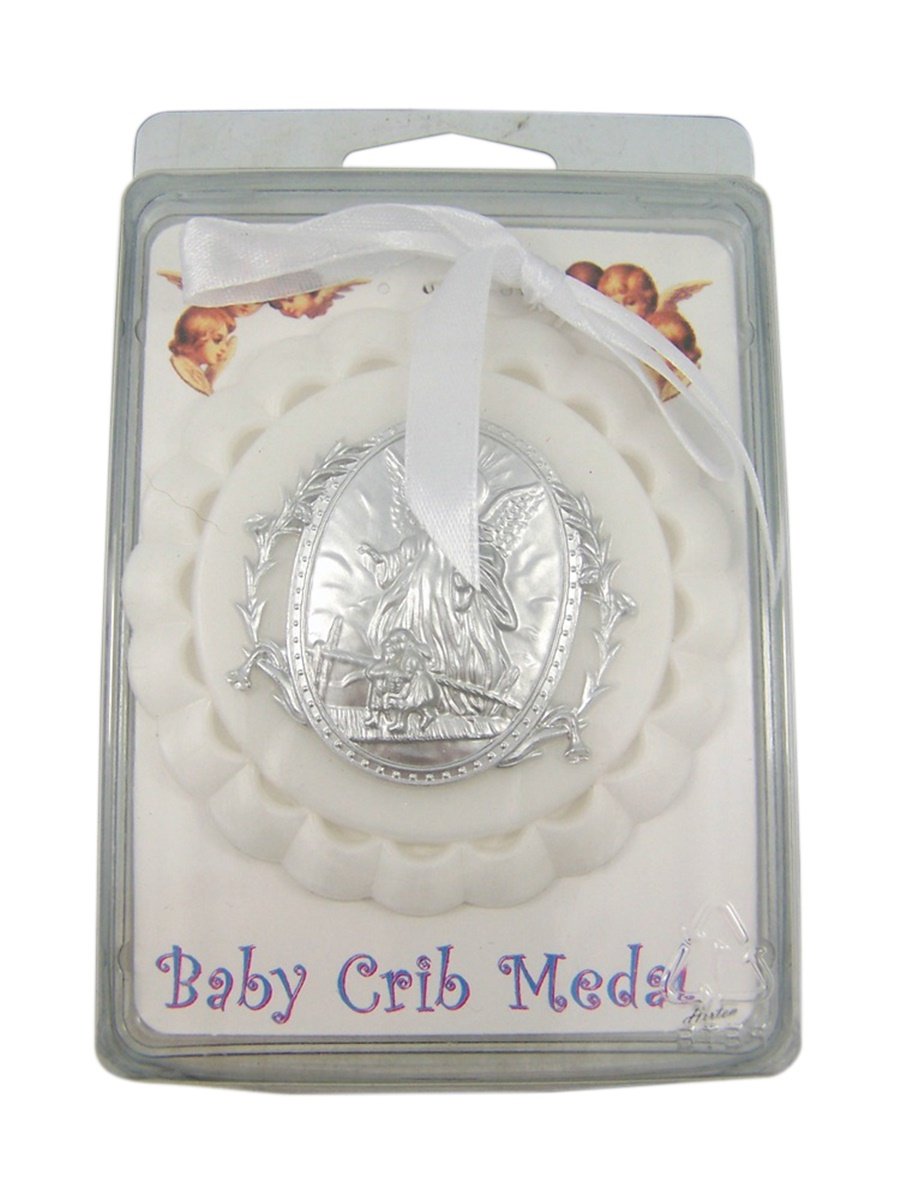 Moulded Acrylic White Crib Medal with Guardian Angel for Baby Nursery Decor, 3 1/2 Inch