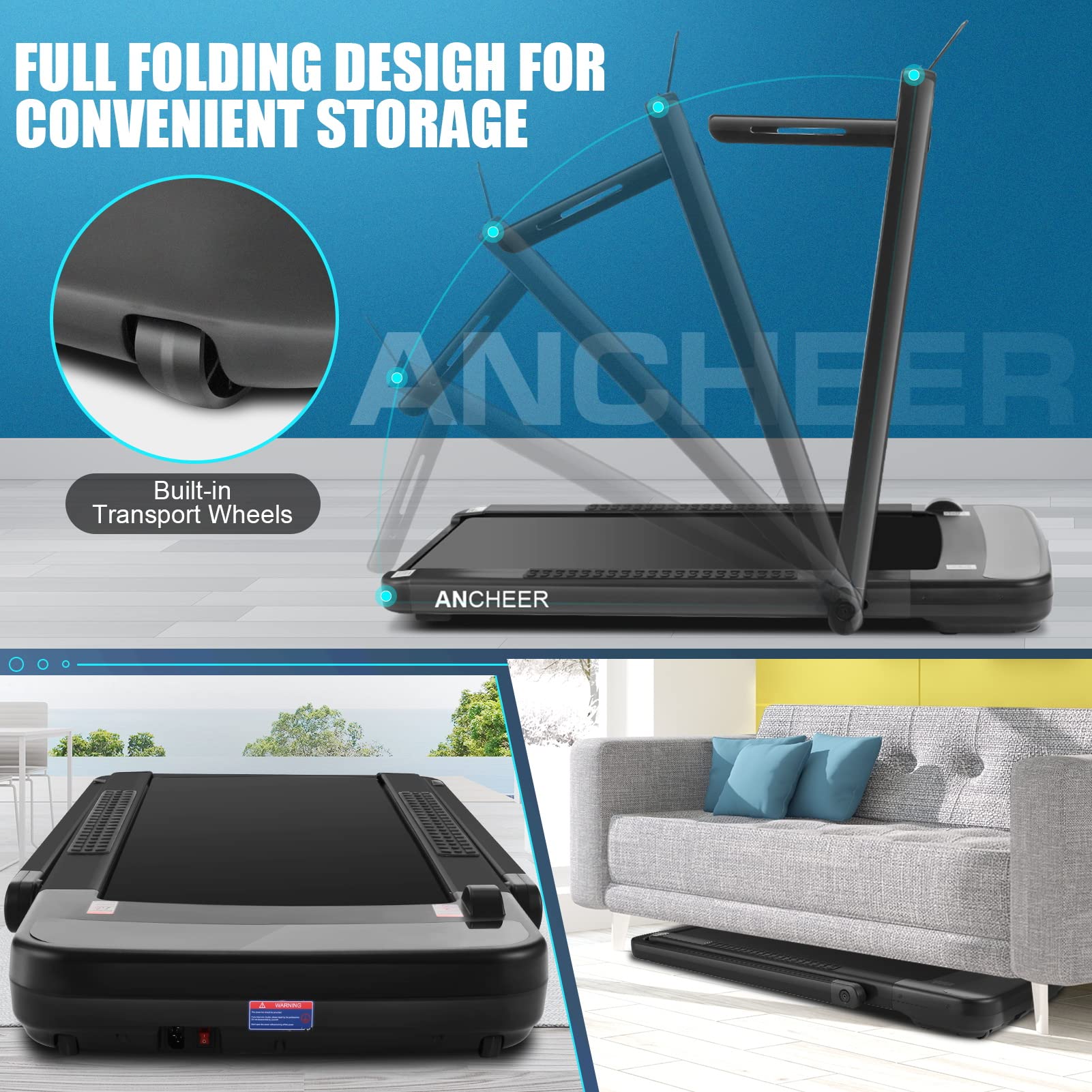 ANCHEER Treadmill, 2 in 1 Under Desk Treadmill, Folding Treadmill with APP & Wrist-Mounted Remote Control, Walking Pad Treadmill with 12 Preset Programs, Running Machine for Home, Installation-Free