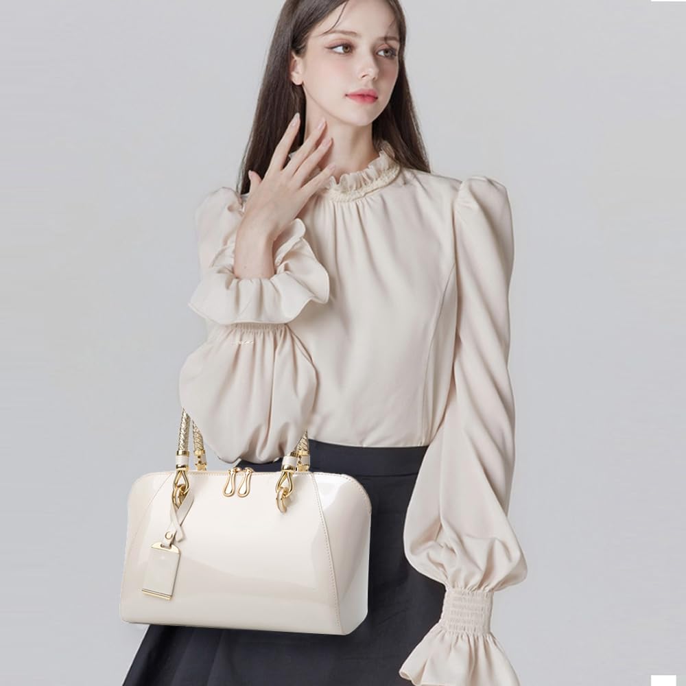 ZiMing Glossy Patent Leather Handbags for Women Top Handle Purse Satchel Bag Stylish Handbag Medium Tote Bags Shoulder Bag Evening Bag-White