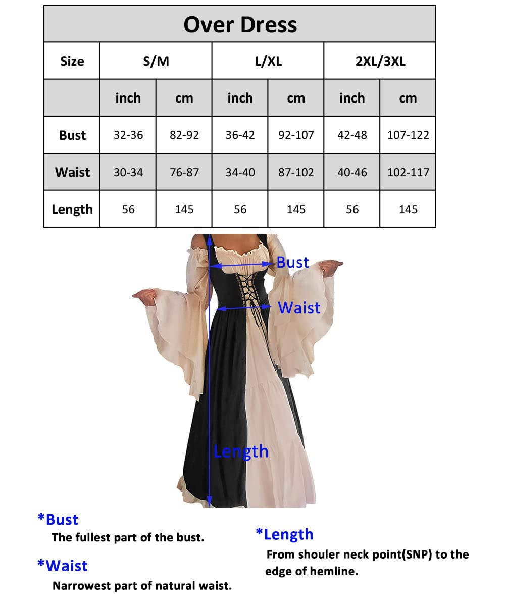 Abaowedding Womens's Medieval Renaissance Costume Cosplay Chemise and Over Dress 2X-large/3X-Large Black and Ivory