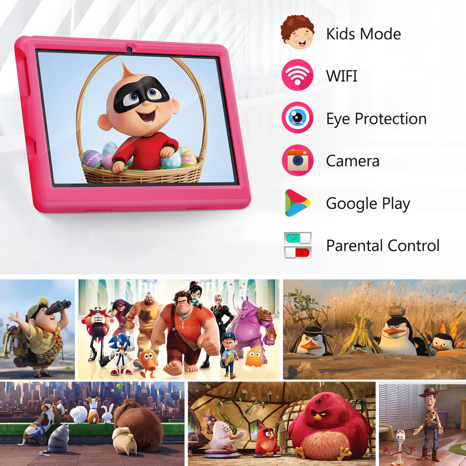 AMIAMO Kids Tablet 10 Inch, Android 13 Kids Tablet 10.1" Display 5000mAh Kidoz Pre Installed Parental Control Learning Tablet, 6GB+64GB Quad Core Processor Wi-Fi Bluetooth Kid-Proof Case (Pink)