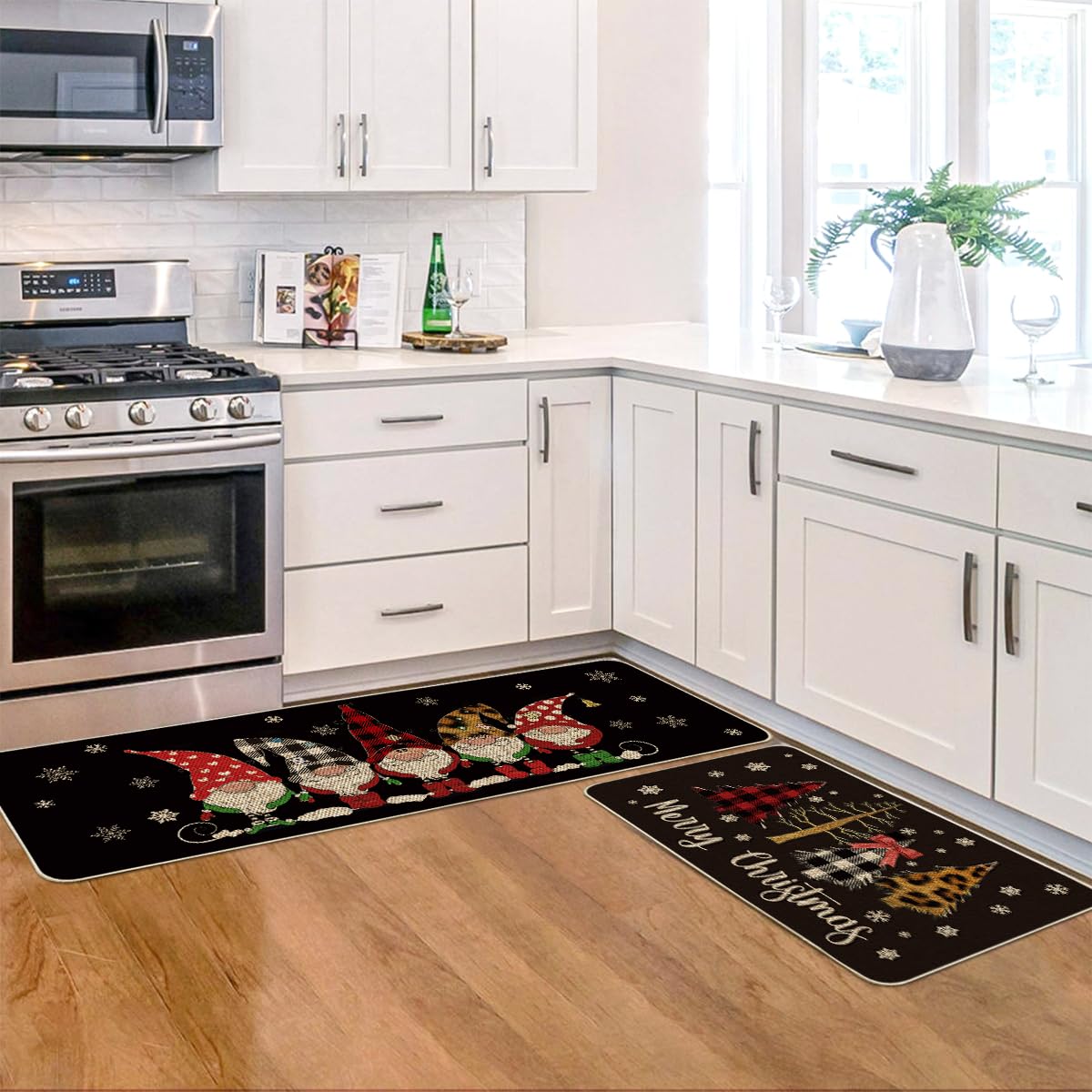 Artoid Mode Buffalo Plaid Tree Gnomes Black Christmas Kitchen Rugs Set of 2, Winter Low-Profile Floor Mat Merry Home Decora for Floor - 17x29 and 17x47 Inch