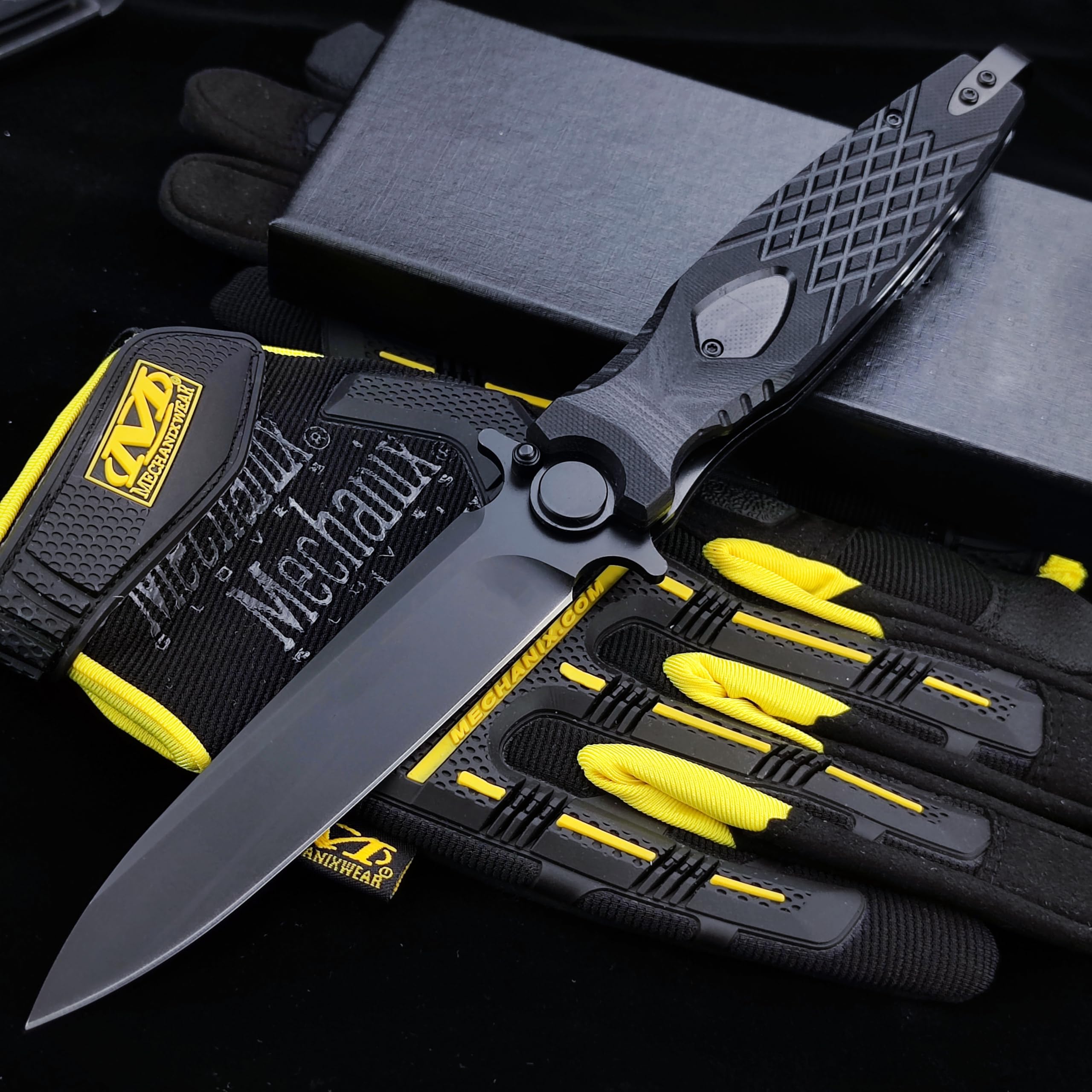 Large Flipper Assisted Opening Pocket Knife, 5‘’ D2 Steel Folding Knife with G10 Handle and Liner Lock, for EDC Survival Camping Hiking(Black)