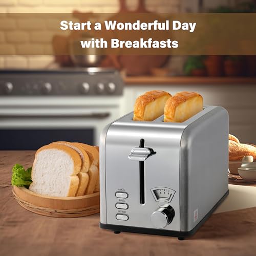 Simple Deluxe Stainless Steel Toaster 2 Slice with 1.5β Wide Slot & Removable Crumb Tray, 5 Shade Options and Bagel/Defrost/Cancel Functions, for Various Bread & Waffle, Retro Silver