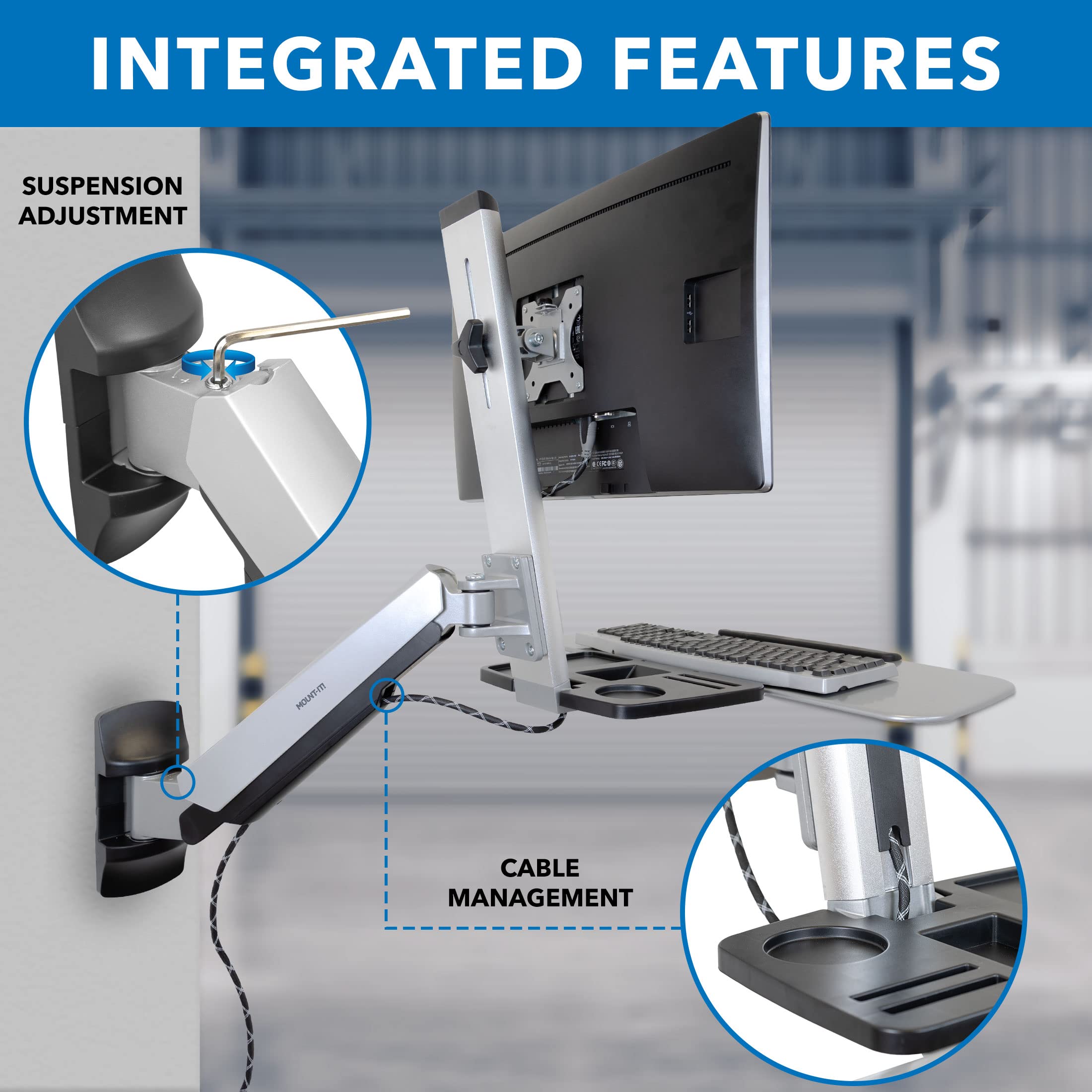 Mount-It! Sit Stand Wall Mount Workstation | Adjustable Height Stand Up Computer Station with Articulating Monitor Mount, Keyboard Tray, & CPU Holder | VESA Mount 75x75 and 100x100 | MI-7905