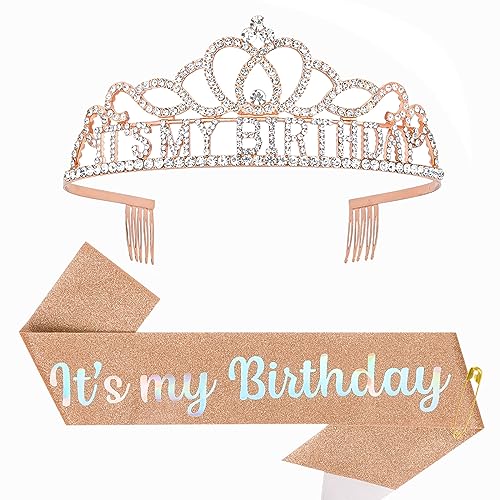 Birthday Tiara for Women & Glitter Its My Birthday Sash Birthday Crowns for Women Birthday Queen Sash and Tiara Birthday Crown and Sash for Women Parties Favors Birthday Decorations Gift (Gold)