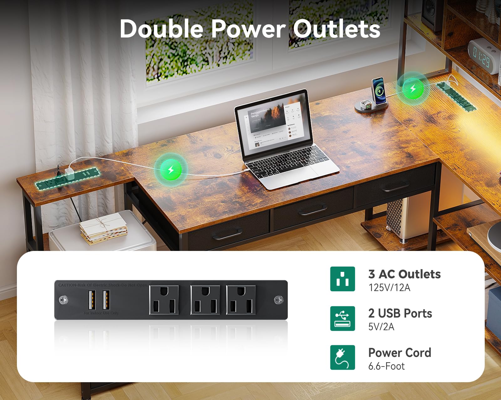 AODK 79 inch L Shaped Desk with File Drawers, Reversible L Shaped Gaming Desk with Power Outlets & LED Lights, Computer Desk with Storage Shelves for Home Office, Vintage