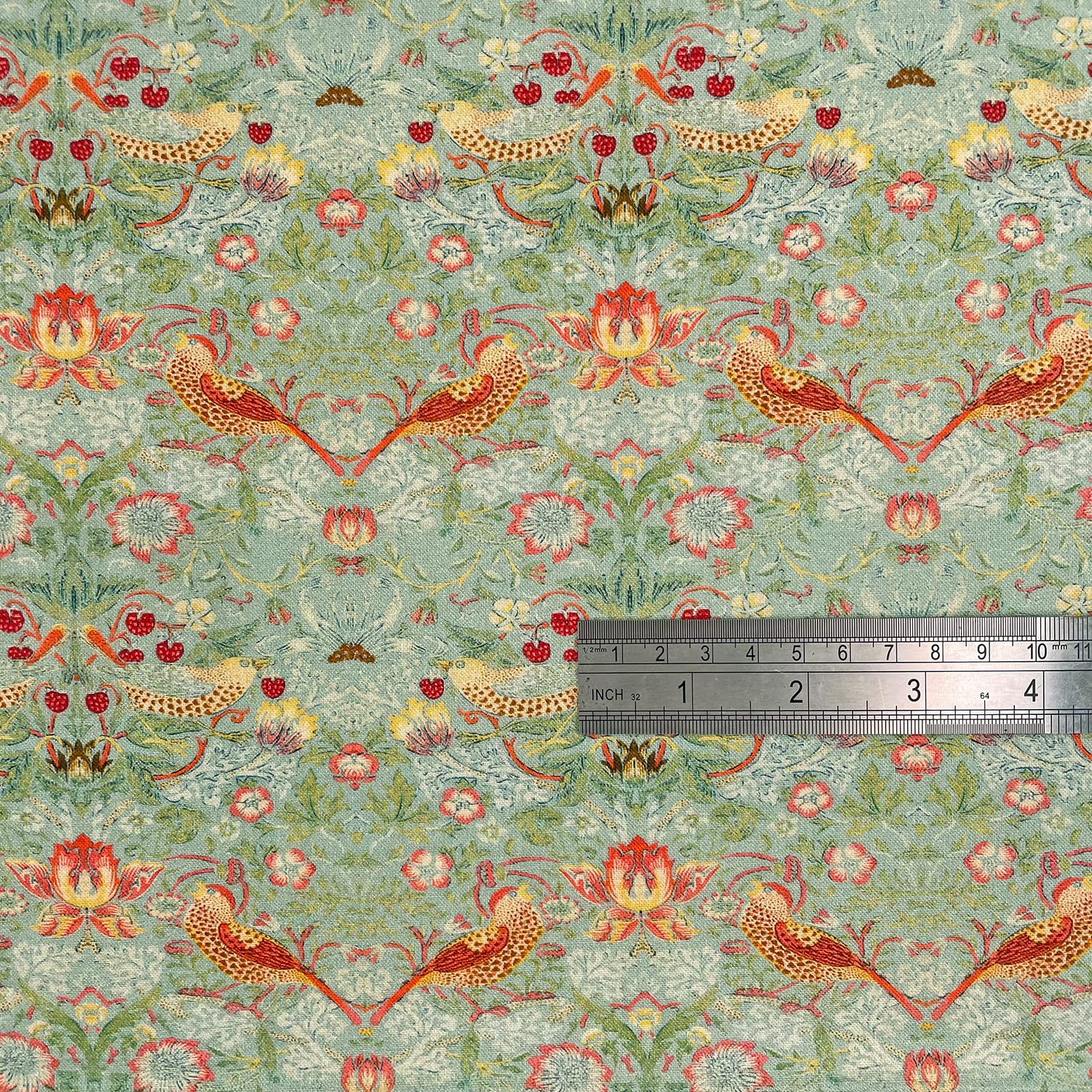 Cotton Fabric - William Morris Strawberry Thief Duck Egg Blue Green Taupe- Floral & Bird Print - Craft Fabric Material Metre