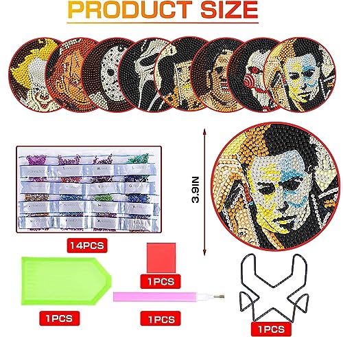 ICECHEN 8 Pcs Diamond Paintings Coasters Kits with Holder, DIY Halloween Coaster Diamond Art Kits,Full Drill Rhinestone Painting Kits for Adults & Kids,Beginners Art Craft Supplies
