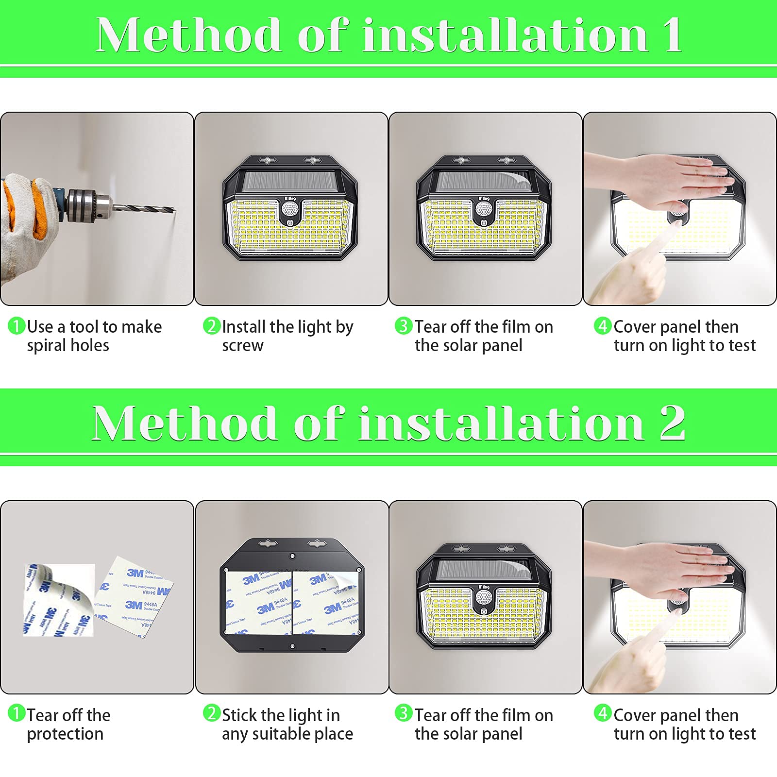 Biling Solar Motion Sensor Lights Outdoor, 202 LEDs Solar Security Light with Motion Sensor, IP65 Waterproof Solar Powered Wall Lights with 3M Tape for Deck Fence Porch Garden Yard Garage (2 Pack)