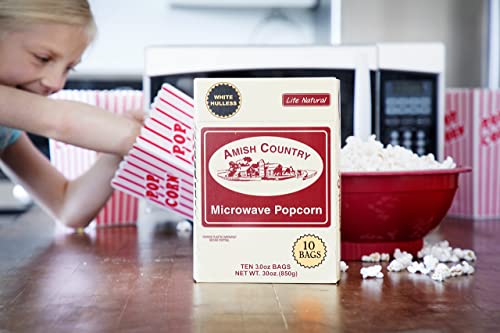 Amish Country Popcorn | Old Fashioned Microwave Popcorn | 10 Bags Lite Natural White Hulless | Non-GMO, Gluten Free, Microwaveable and Kosher (10 Bags)
