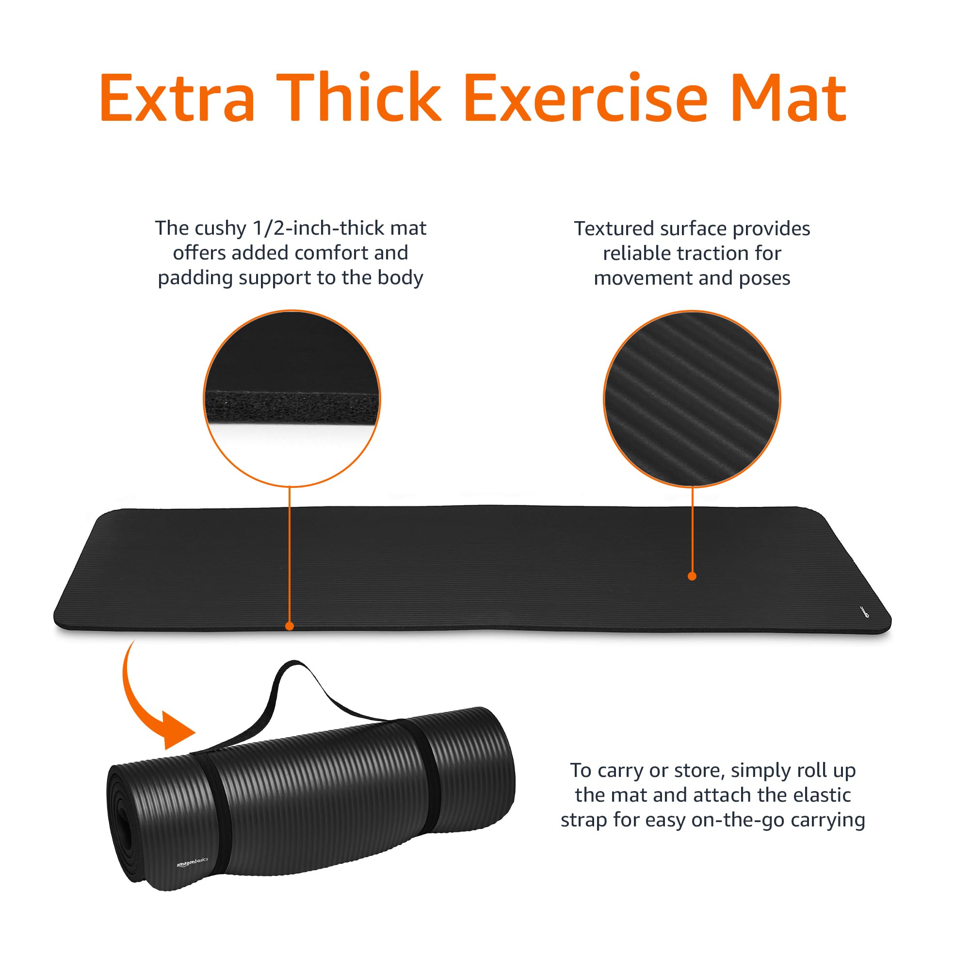 Amazon Basics Extra Thick Exercise Yoga Gym Floor Mat with Carrying Strap, 74 x 24 x .5 Inches, Purple
