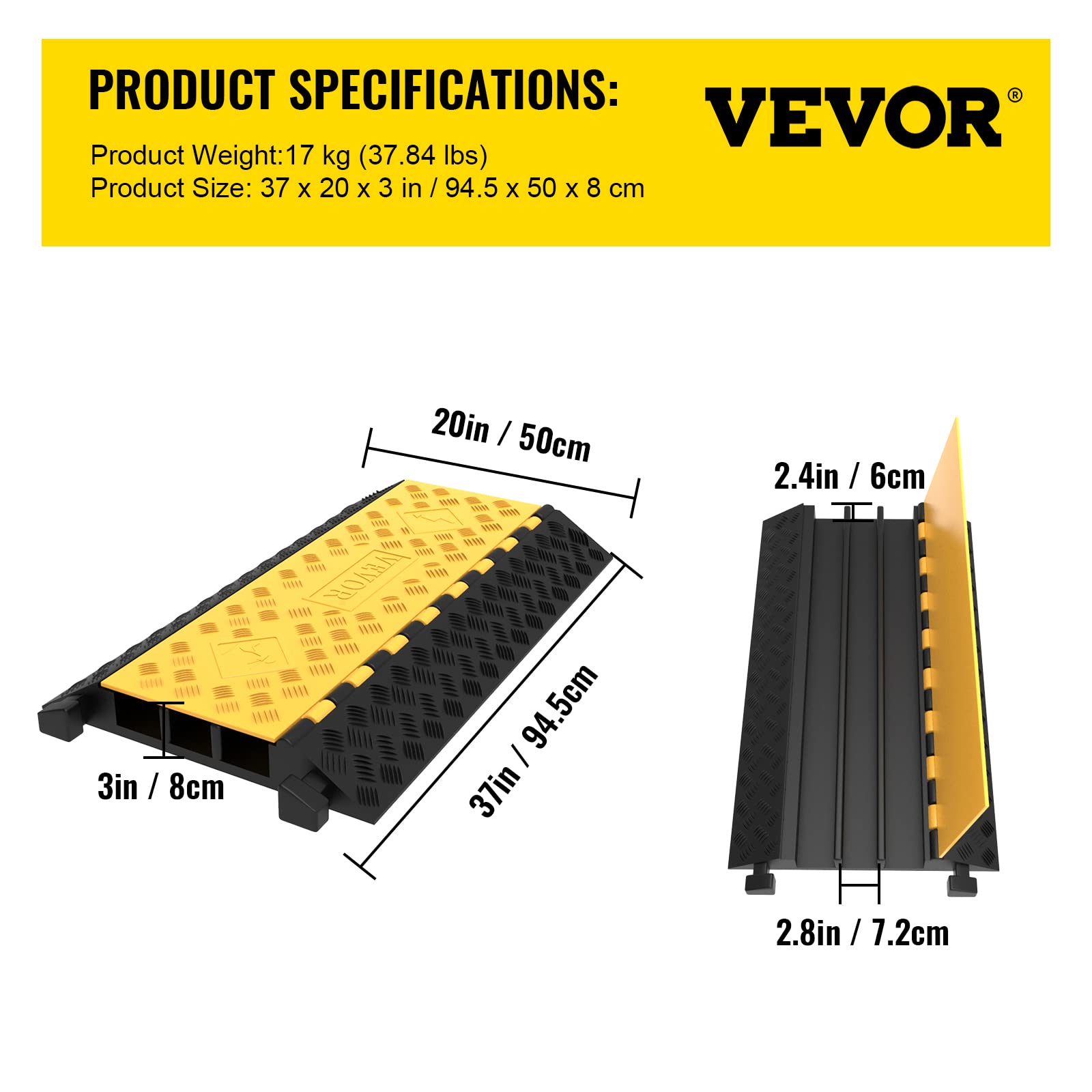 Happybuy 1 Pack of 3-Channel Rubber Cable Protector Ramps Heavy Duty 44000Lbs Load Capacity Cable Wire Cord Cover Ramp Speed Bump Driveway Hose Cable Ramp Protective Cover