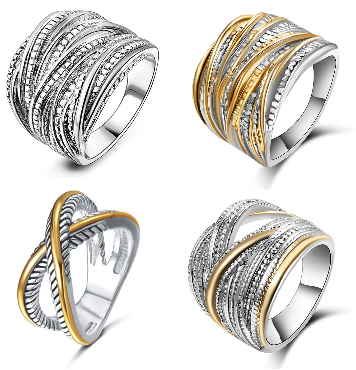 CASDAN 4Pcs Intertwined Crossover Statement Ring for Women Fashion Wrap Chunky Rings Twine Twisted Cable Wide Statement Band Ring for Men, Size 8