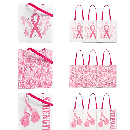 Fun Express Large Pink Ribbon Reusable Tote Bags (Set of 12) Breast Cancer Awareness Supplies, 12" x 17" Tote