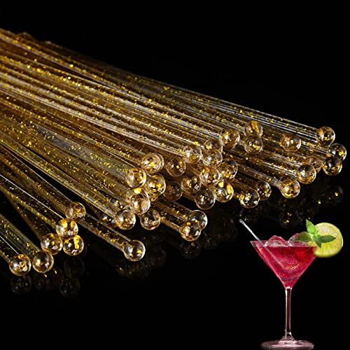 Ball Head Stirrer Disposible Plastic Round Top Crystal Swizzle Sticks ,Crystal Cake Pops, Cocktail Coffee Drink Stirrers 100 Pieces (Clear Gold Glitter)