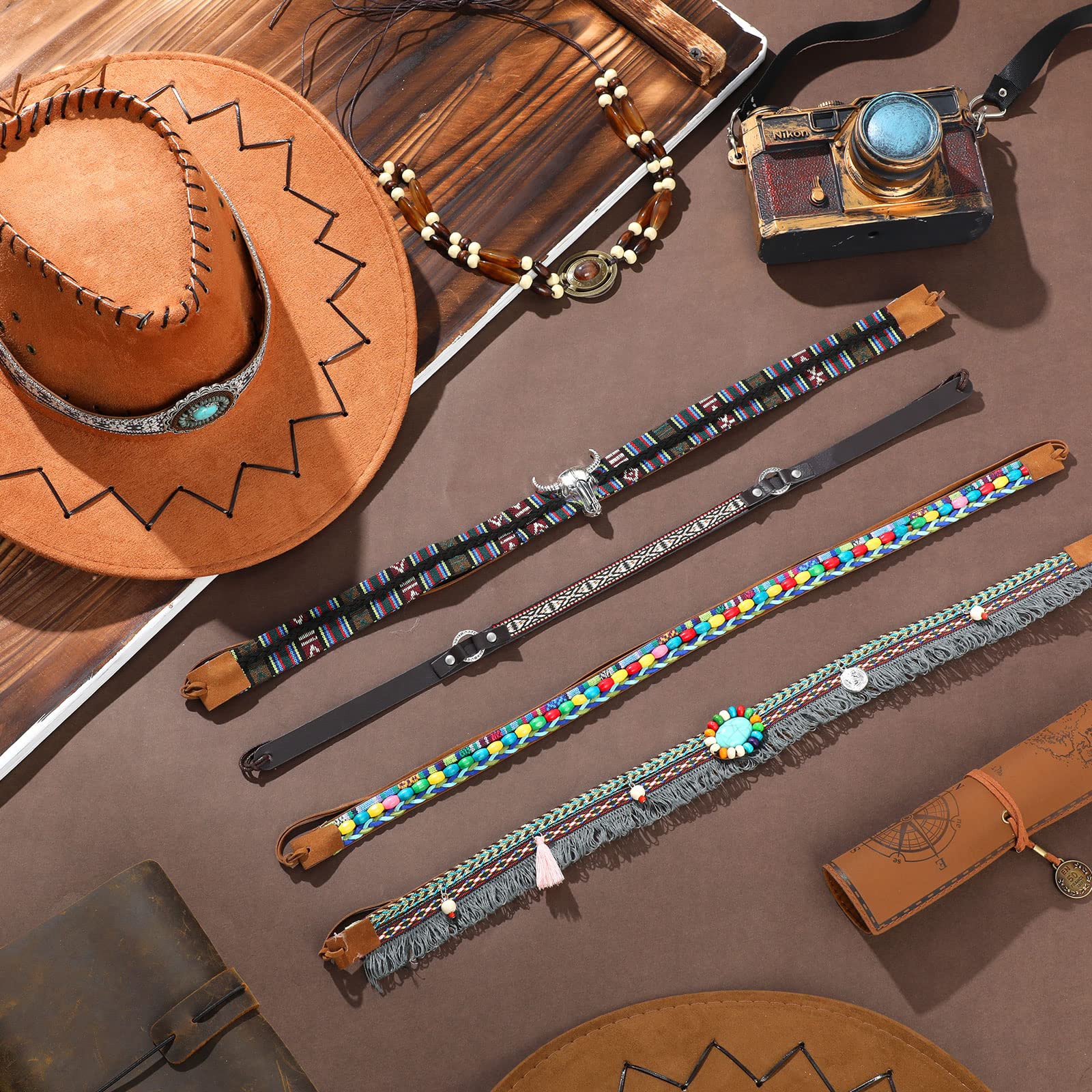 6 Pcs Cowboy Hat Bands for Women Western Turquoise Handmade Adjustable Beaded HatBands for Men Cowboy Panama Hat Mexican (Rustic Style)