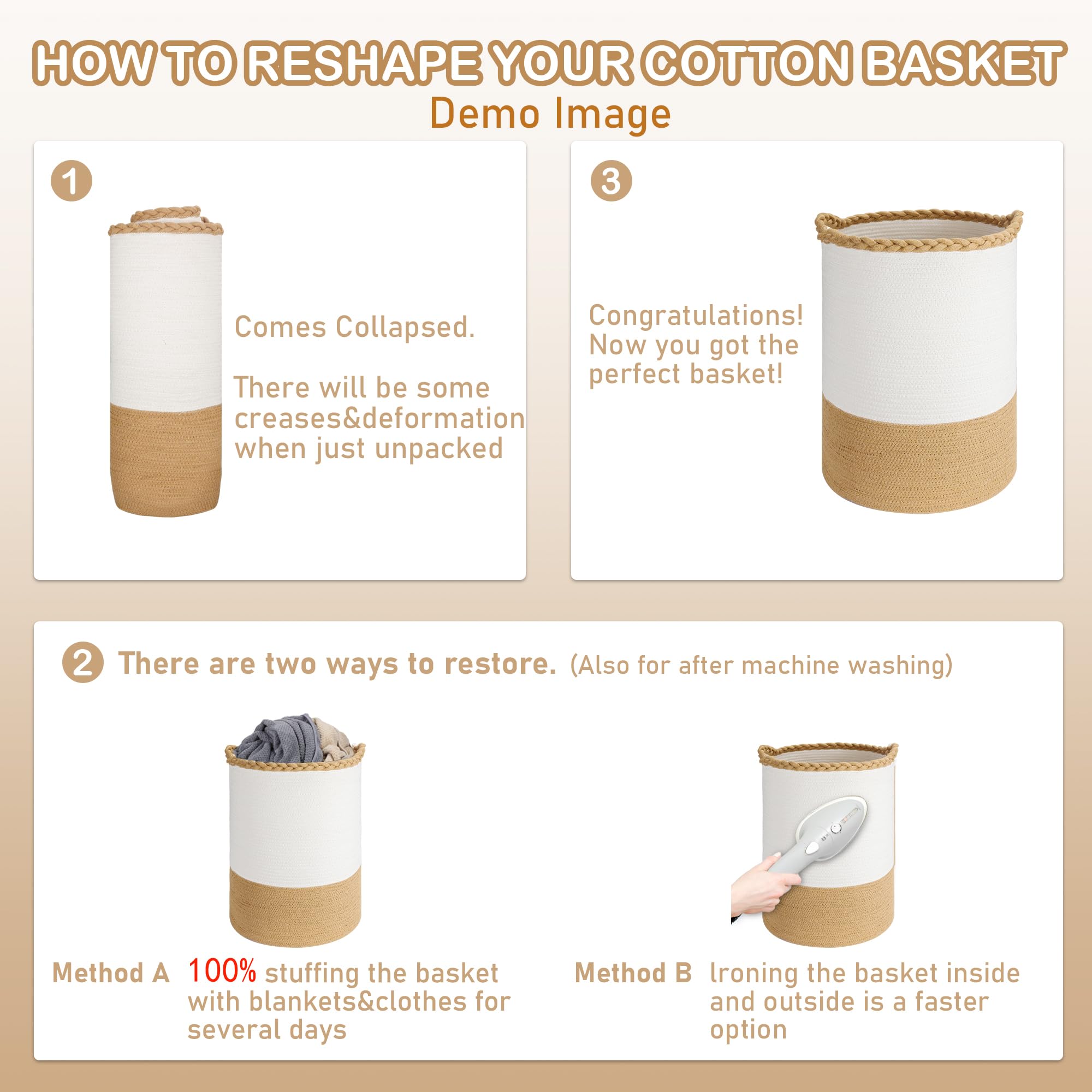 Homlikelan 87L Oversize Laundry Hamper,Cotton Rope Clothes Hamper,Woven Laundry Basket,Storage Basket for Blanket,Toys,Laundry Bin,Brown&White