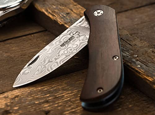 BOKER PLUS Exskelibur II Folding Gentlemen’s Pocket Knife, Damascus Steel Blade, Cocobolo Scales, Blue Anodized Titanium Liners, Titanium Pocket Clip