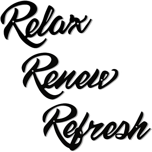 Hotop 3 Pieces Farmhouse Bathroom Metal Wall/ Letter Sign Decor Relax Renew Refresh Metal Sign Wall Art Decor Black Metal Bathroom Wall Decor for Home Decoration