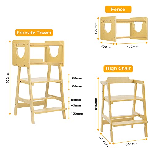 Montessori Educating Tower, Toddler High Chair & Step Stool with 3 Adjustable Height, Standing Kitchen Helper Bathroom Wood Safety Grow Seat, Multi-Function 3 in 1 for 1-12 Years